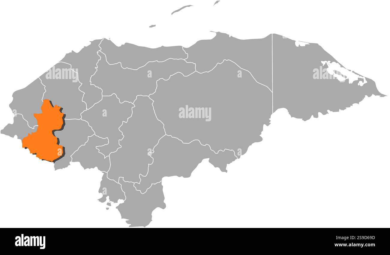 Map of Honduras with the provinces, Lempira is highlighted by orange ...