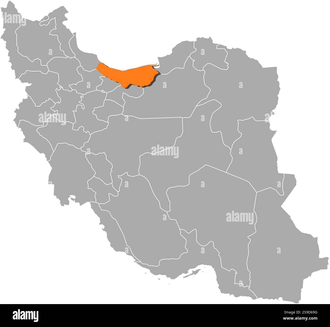 Map of Iran with the provinces, Mazandaran is highlighted by orange ...