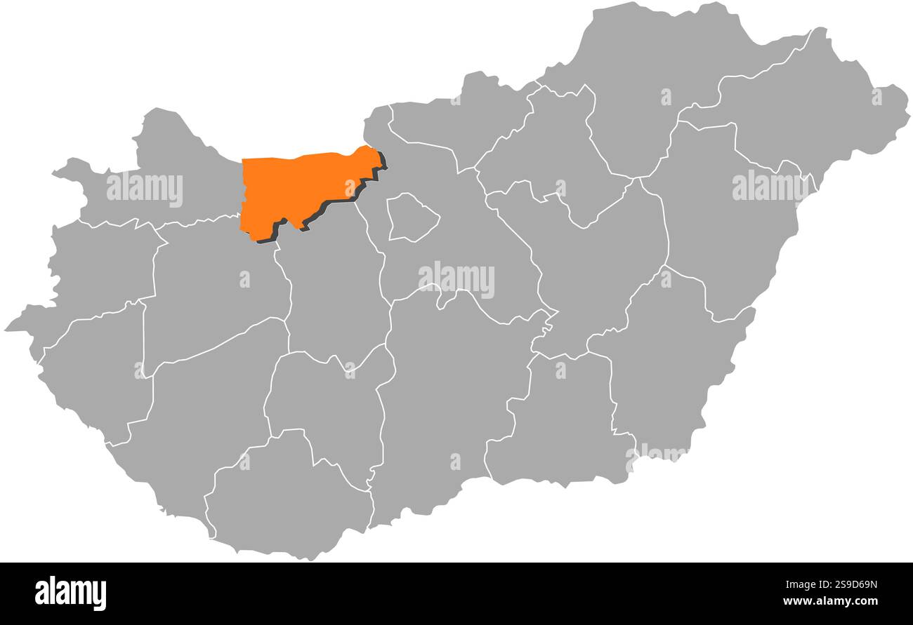 Map of Hungary with the provinces, Komárom-Esztergom is highlighted by ...