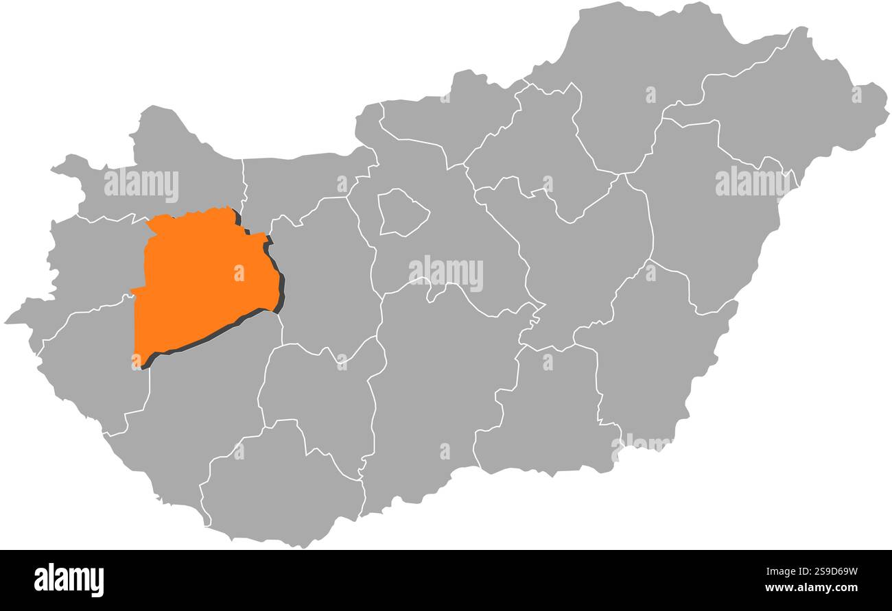 Map of Hungary with the provinces, Veszprém is highlighted by orange ...