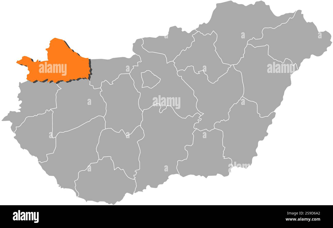 Map of Hungary with the provinces, Györ-Moson-Sopron is highlighted by ...