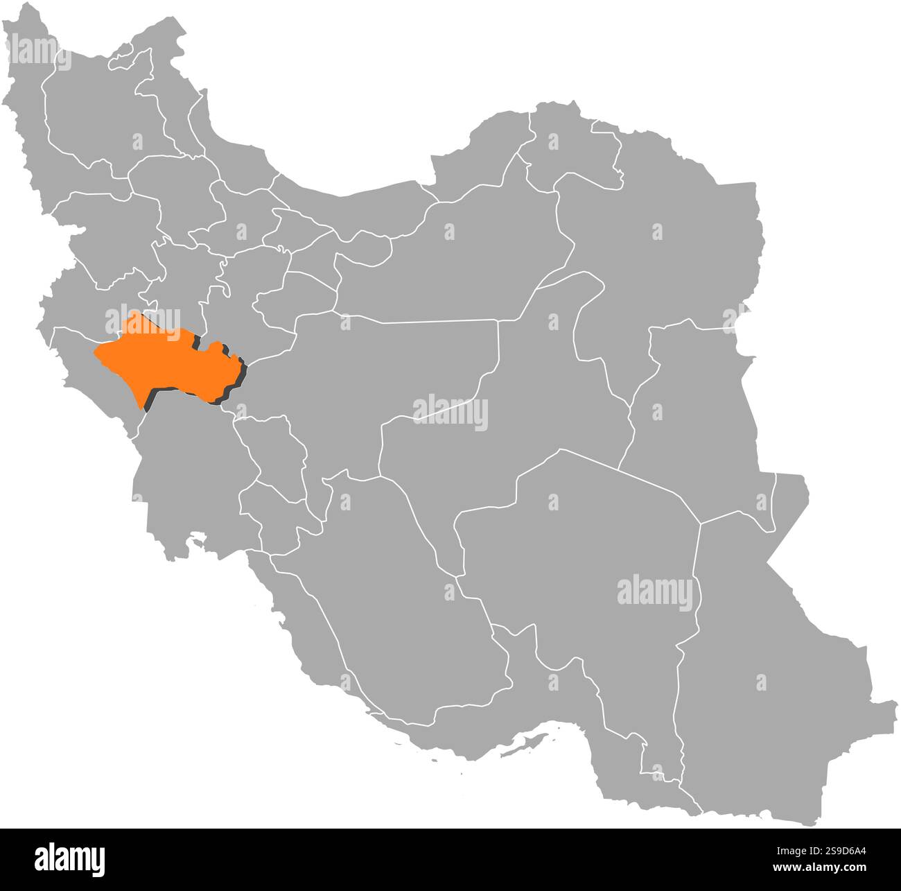 Map of Iran with the provinces, Lorestan is highlighted by orange Stock ...