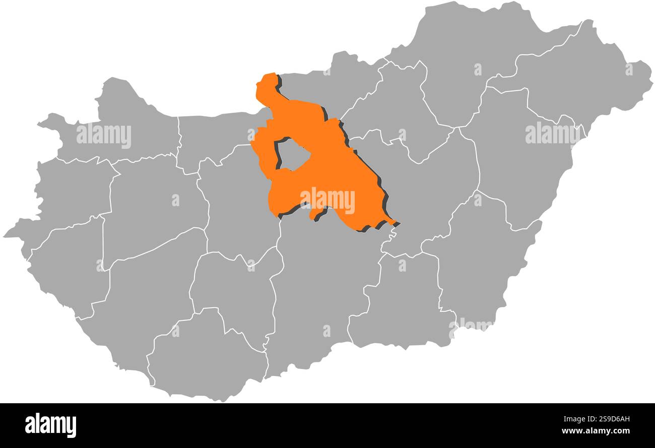 Map of Hungary with the provinces, Pest is highlighted by orange Stock ...