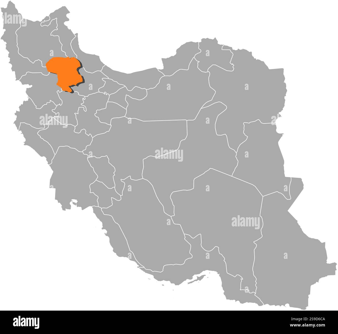 Map of Iran with the provinces, Zanjan is highlighted by orange Stock ...