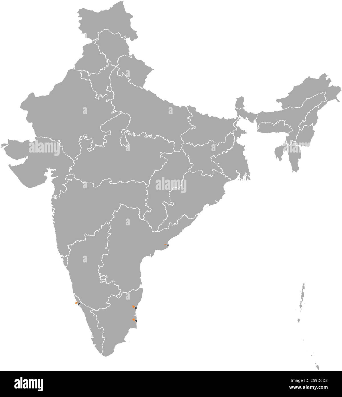 Map of India with the provinces, Puducherry is highlighted by orange ...