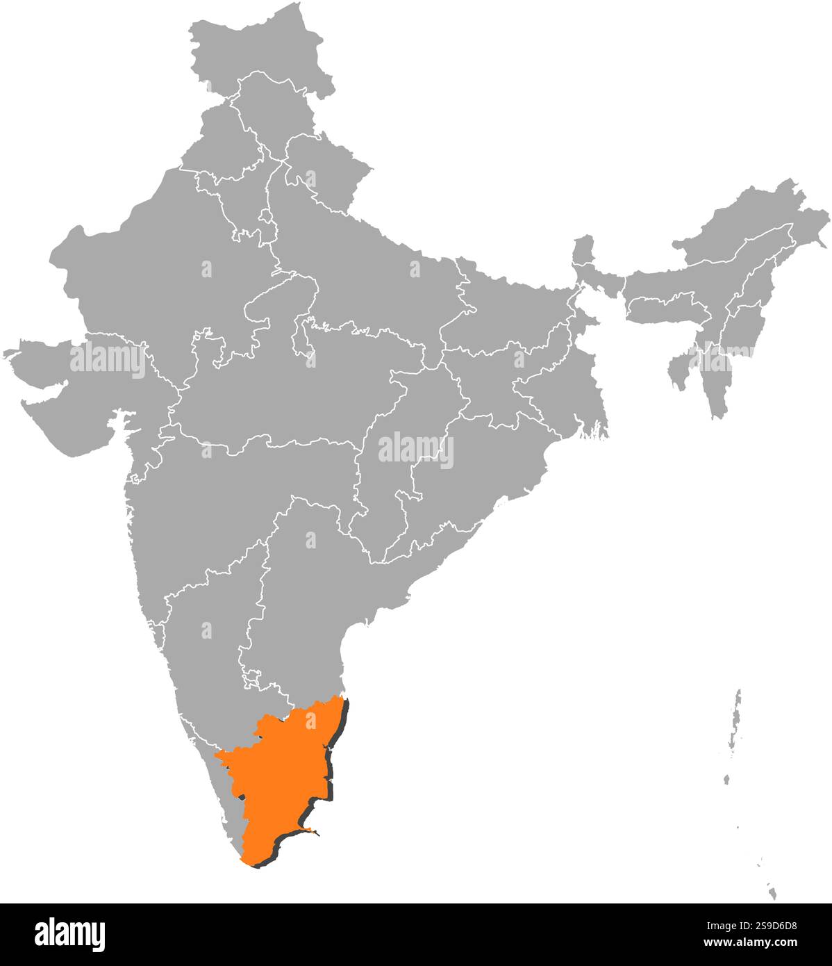 Map of India with the provinces, Tamil Nadu is highlighted by orange ...