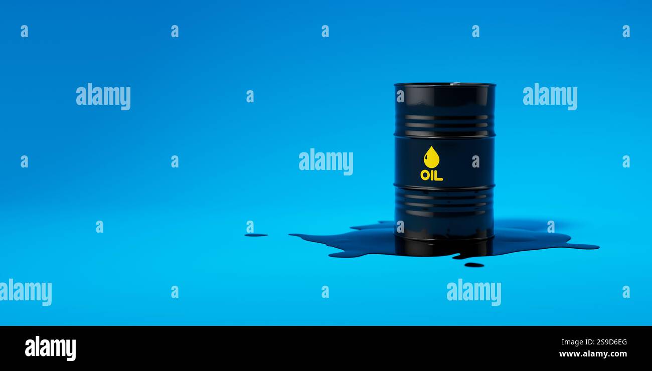 Single black metal oil barrel stand on spilled puddle of crude oil on ...