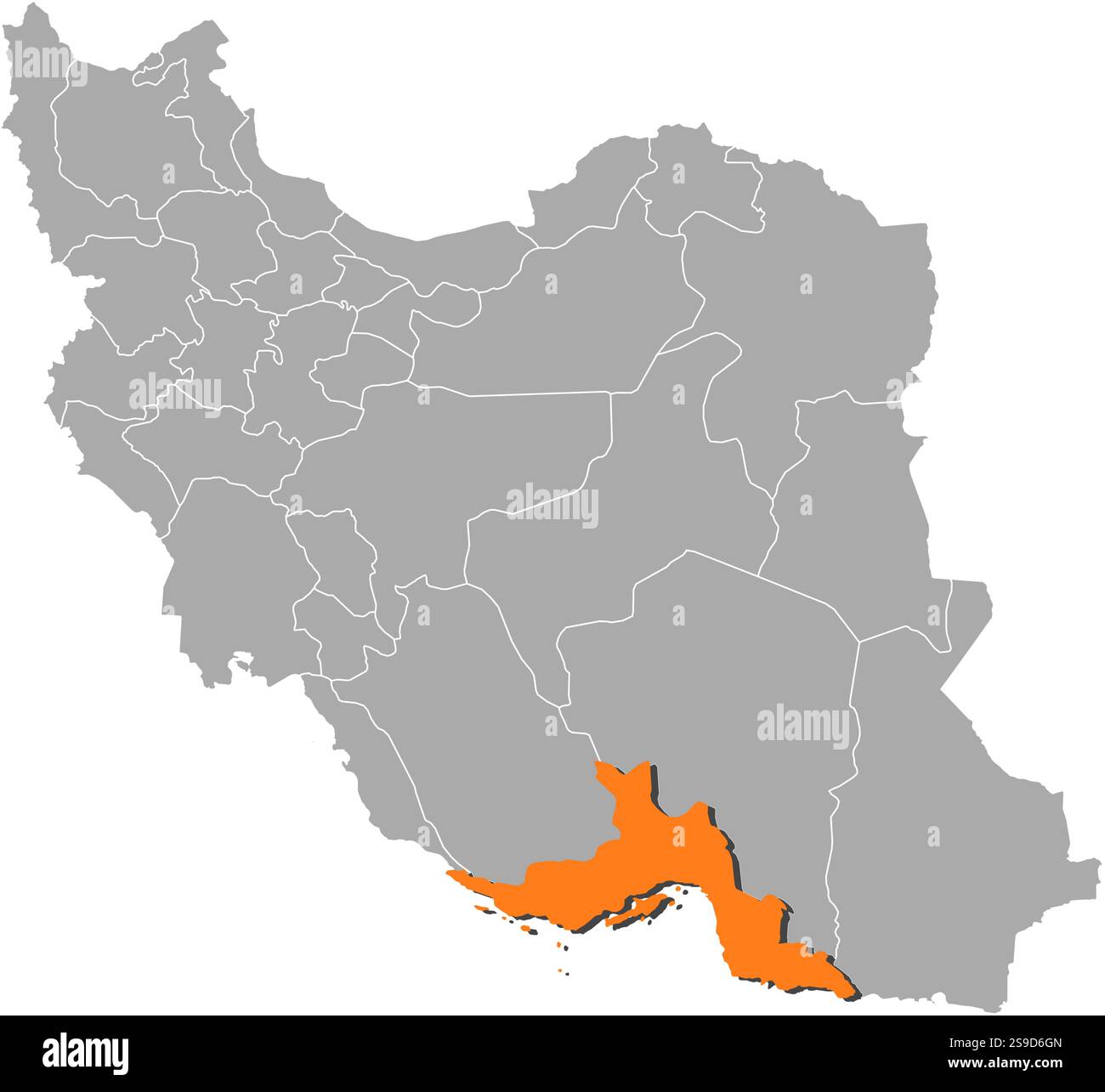 Map of Iran with the provinces, Hormozgan is highlighted by orange ...