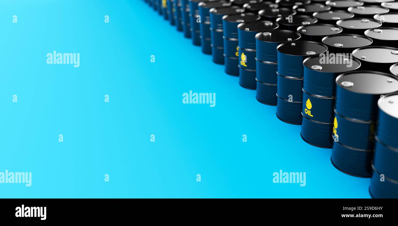 Stacked rows of black metal oil barrels on blue background with place ...