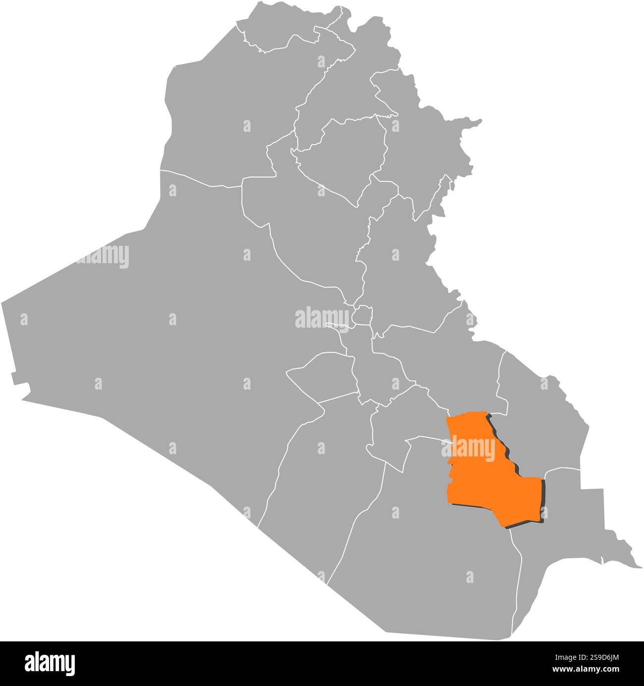 Map of Iraq with the provinces, Dhi Qar is highlighted by orange Stock ...