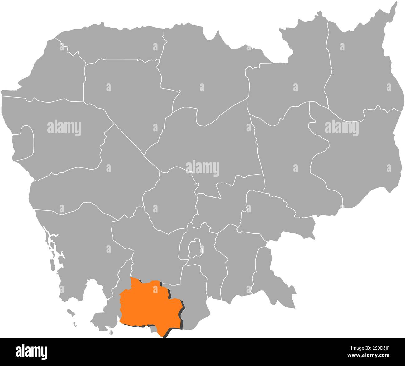 Map of Cambodia with the provinces, Kampot is highlighted by orange ...
