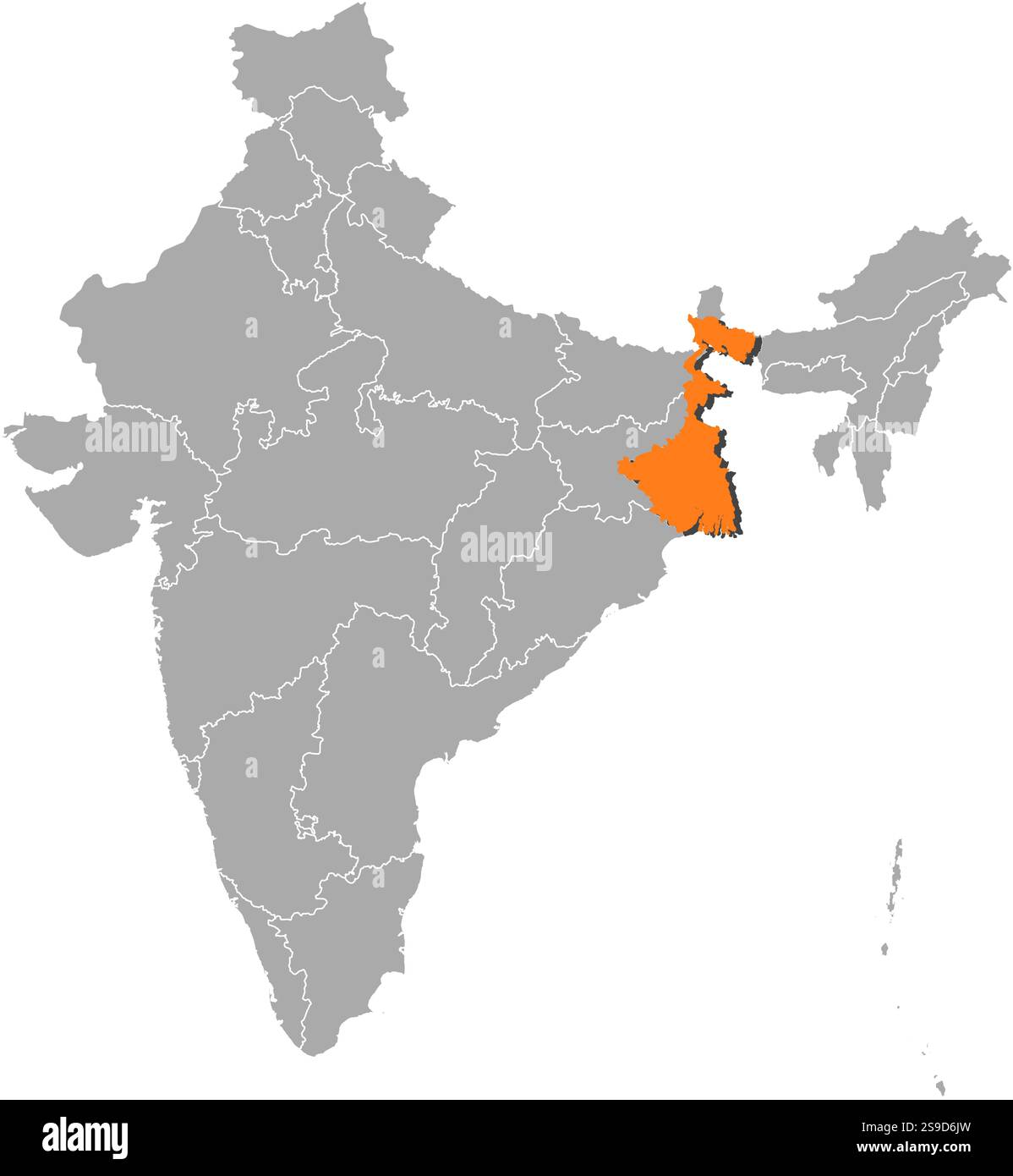Map of India with the provinces, West Bengal is highlighted by orange ...