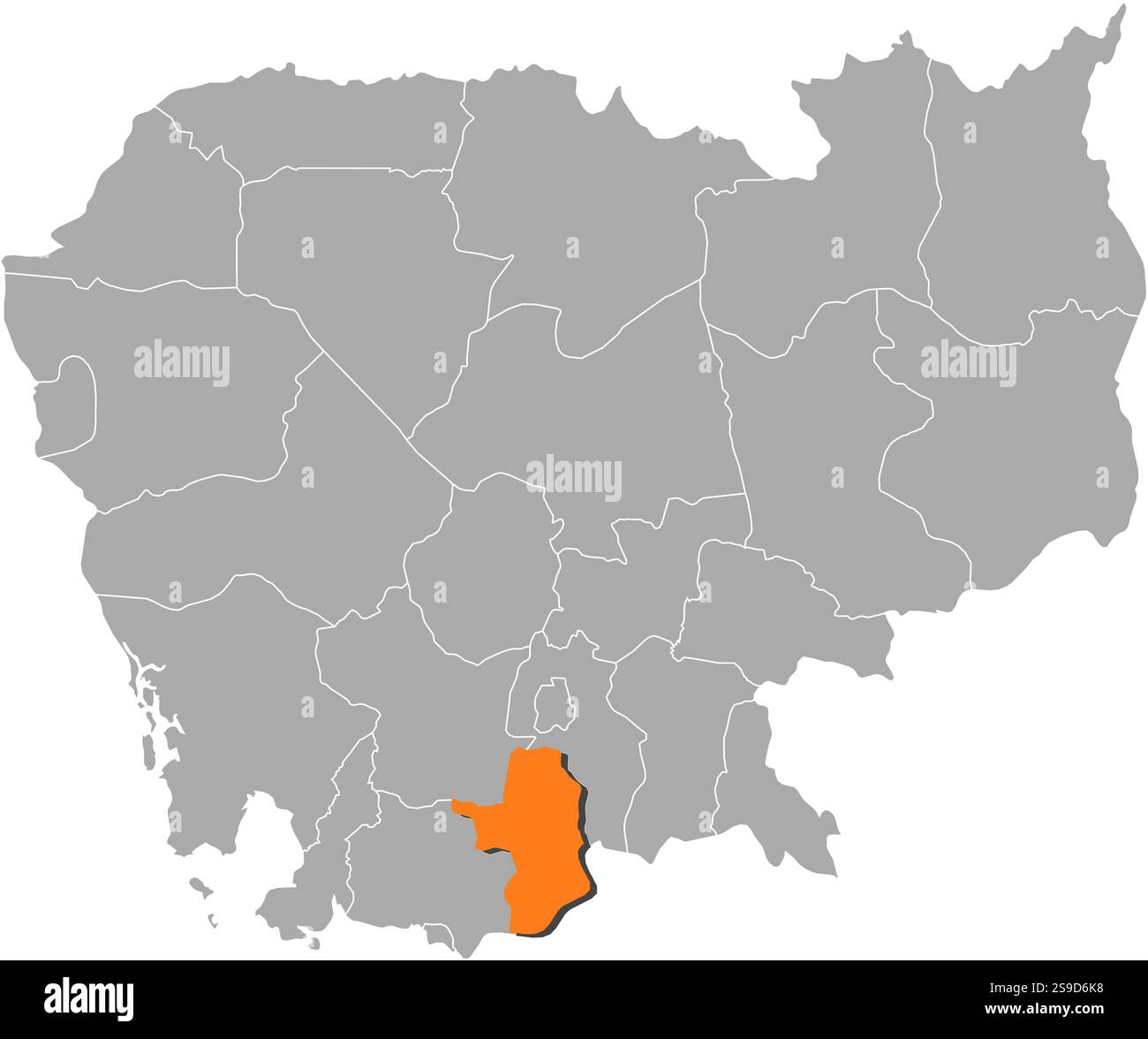Map of Cambodia with the provinces, Takeo is highlighted by orange ...