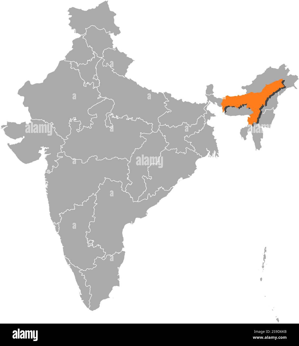 Map of India with the provinces, Assam is highlighted by orange Stock ...