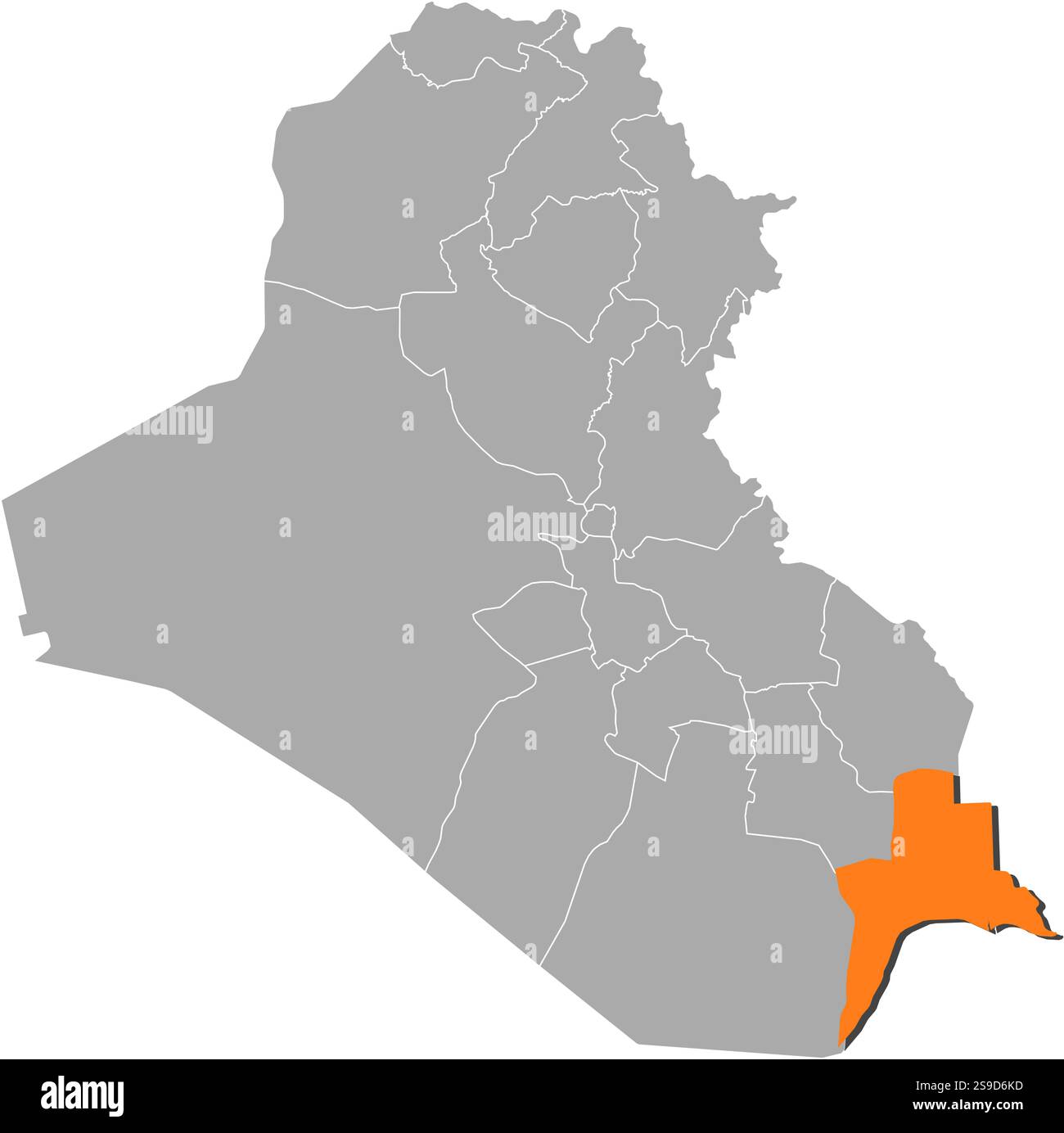 Map of Iraq with the provinces, Basra is highlighted by orange Stock ...