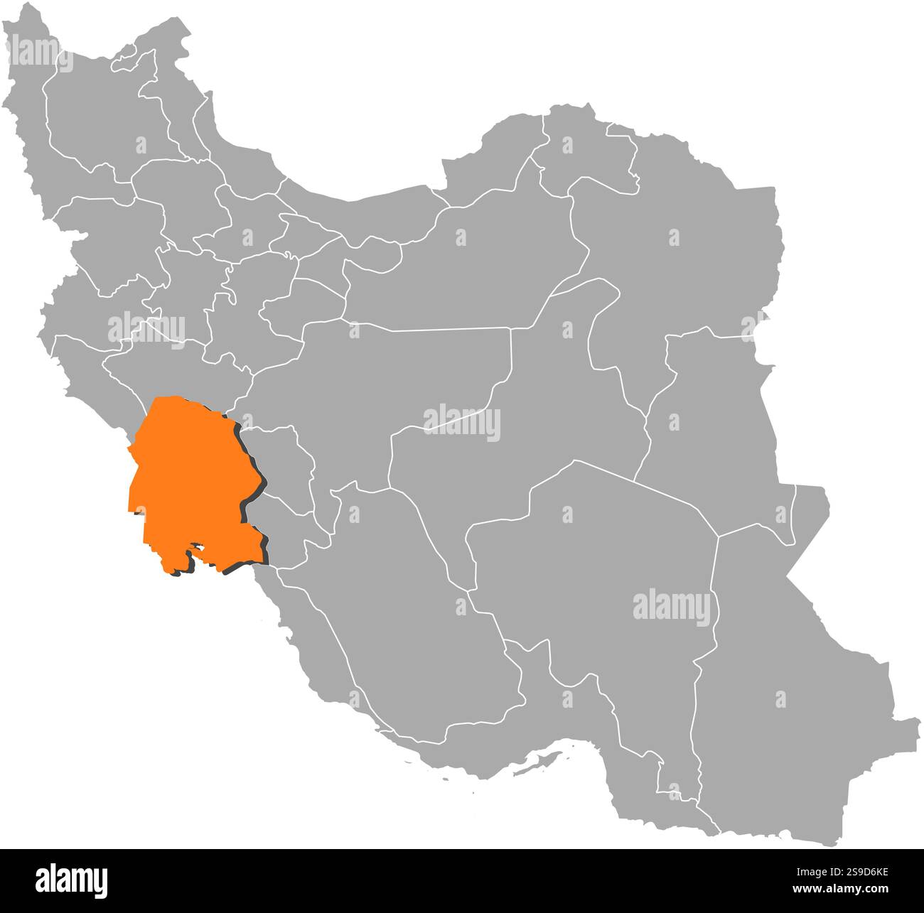 Map of Iran with the provinces, Khuzestan is highlighted by orange ...