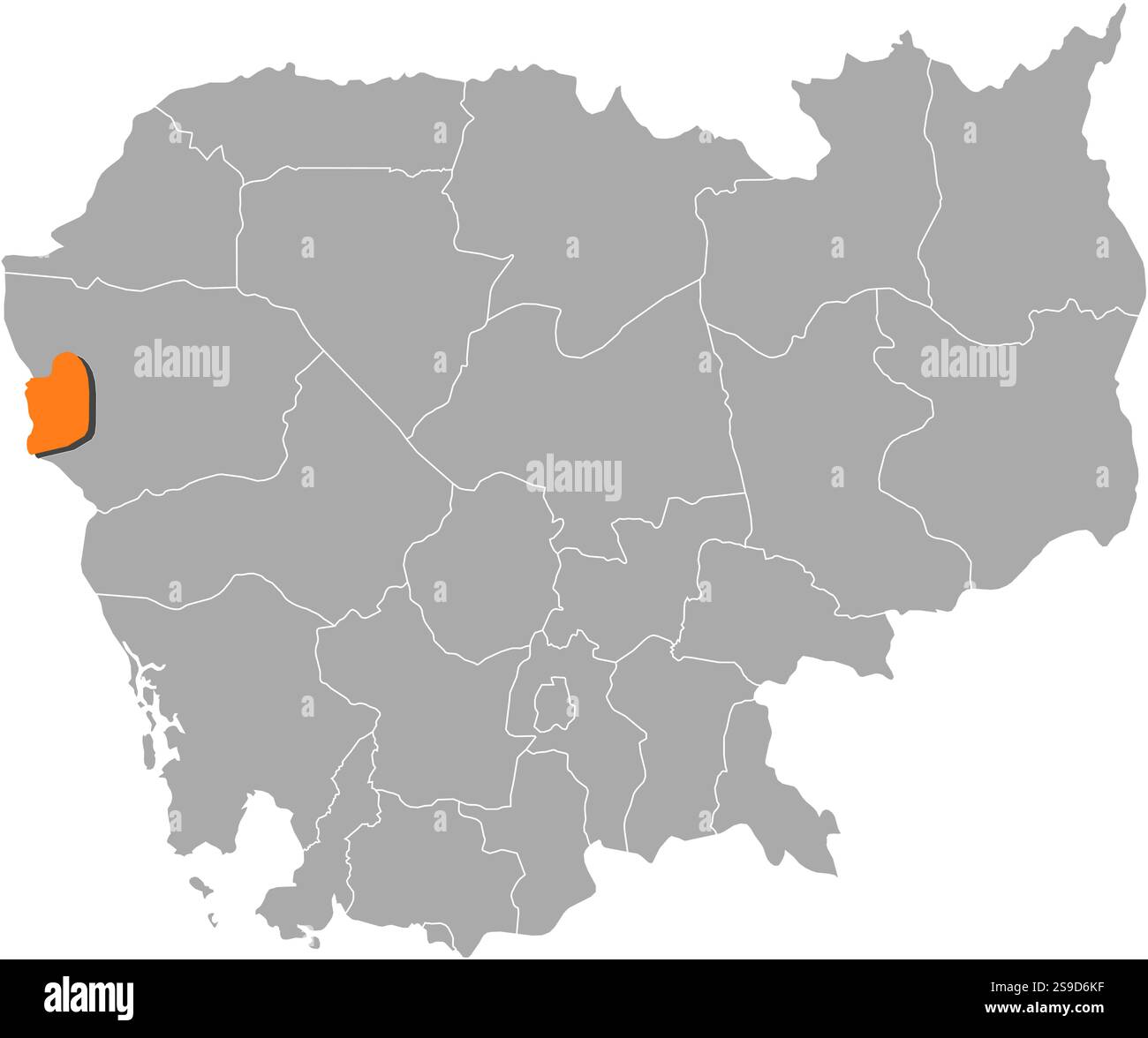 Map of Cambodia with the provinces, Pailin is highlighted by orange ...