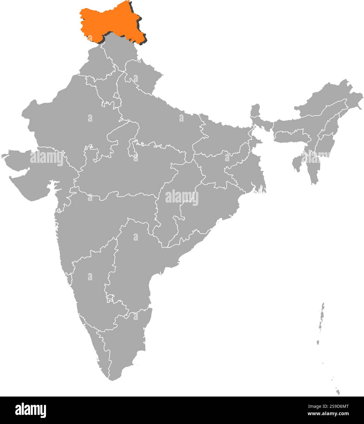 Map of India with the provinces, Jammu and Kashmir is highlighted by ...