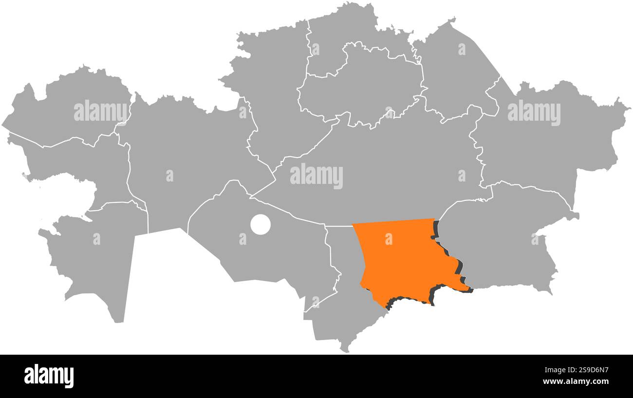Map of Kazakhstan with the provinces, Jambyl is highlighted by orange ...