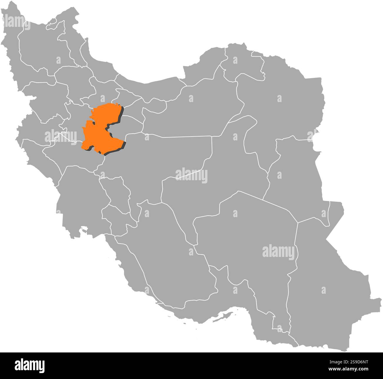 Map of Iran with the provinces, Markazi is highlighted by orange Stock ...