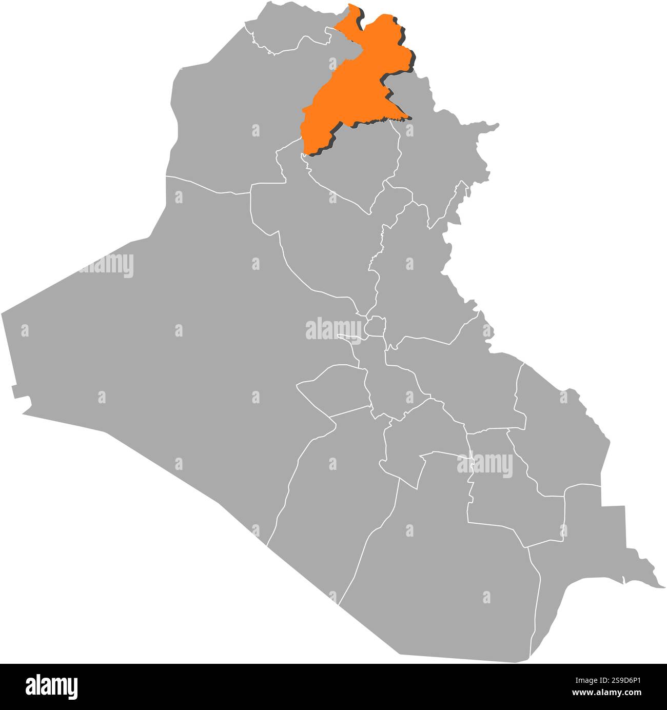 Map of Iraq with the provinces, Arbil is highlighted by orange Stock ...