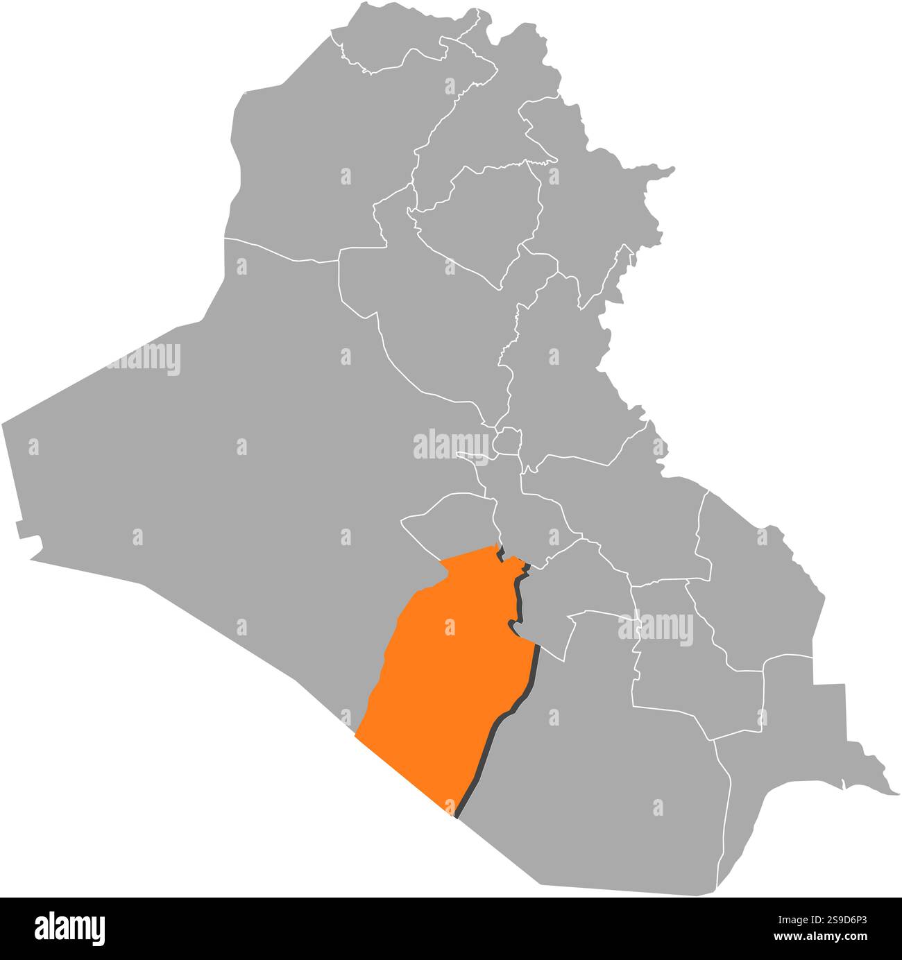 Map of Iraq with the provinces, Najaf is highlighted by orange Stock ...