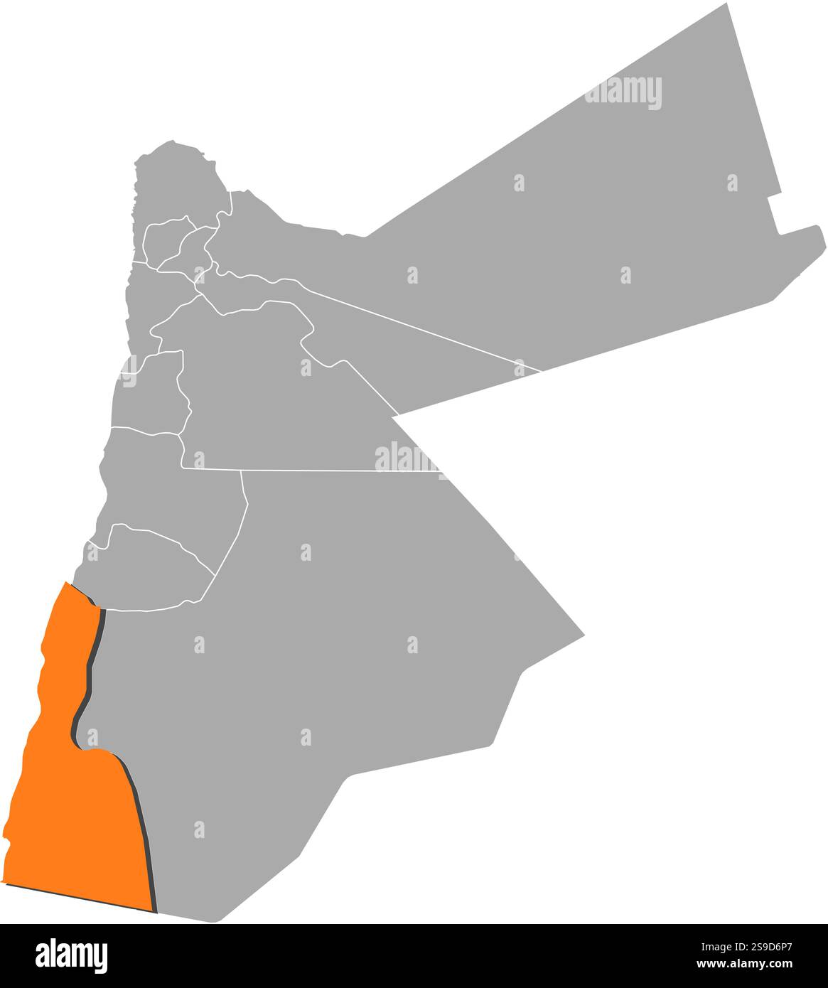Map of Jordan with the provinces, Aqaba is highlighted by orange Stock ...