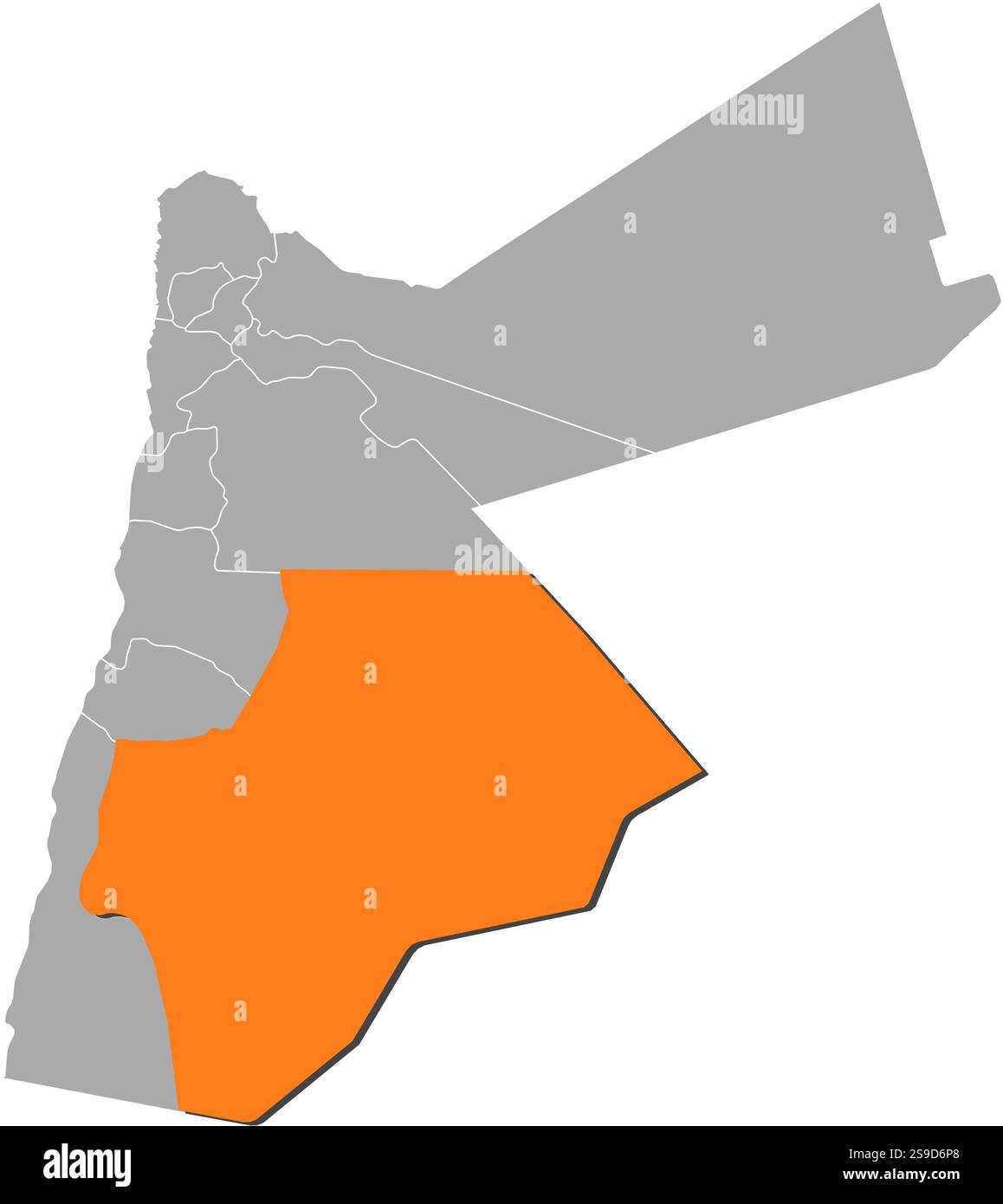 Map of Jordan with the provinces, Ma'an is highlighted by orange Stock ...
