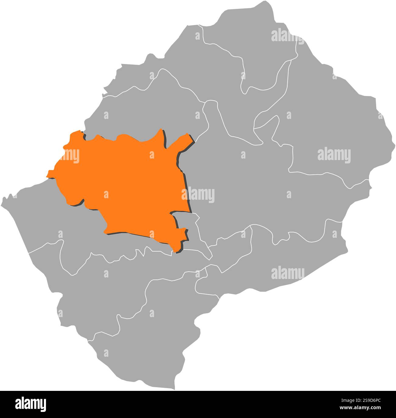Map of Lesotho with the provinces, Maseru is highlighted by orange ...
