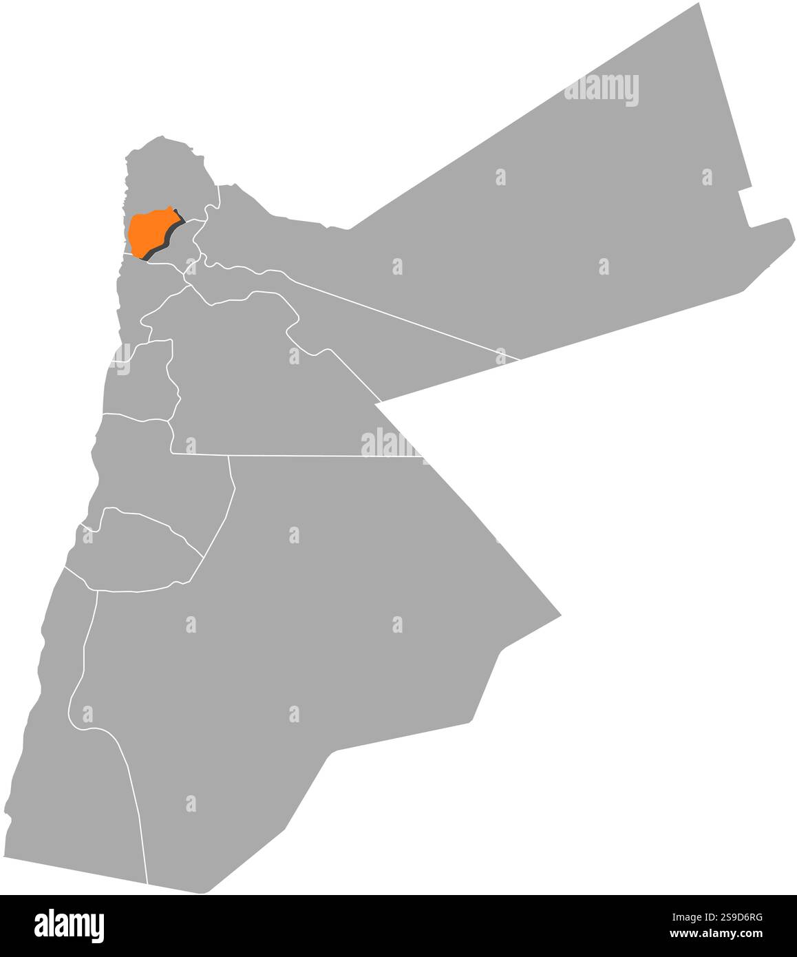 Map of Jordan with the provinces, Ajloun is highlighted by orange Stock ...