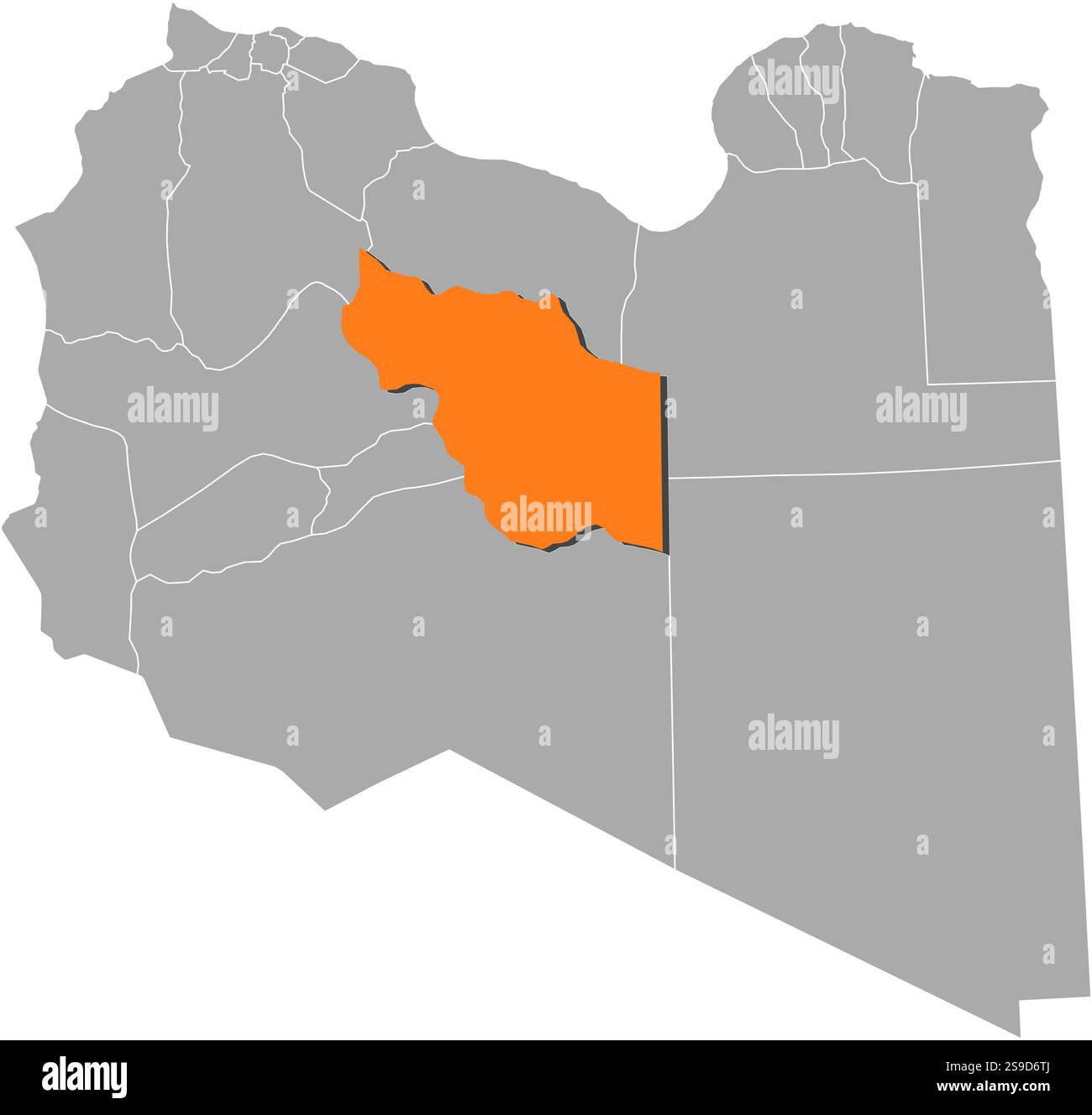 Map of Libya with the provinces, Jufra is highlighted by orange Stock ...