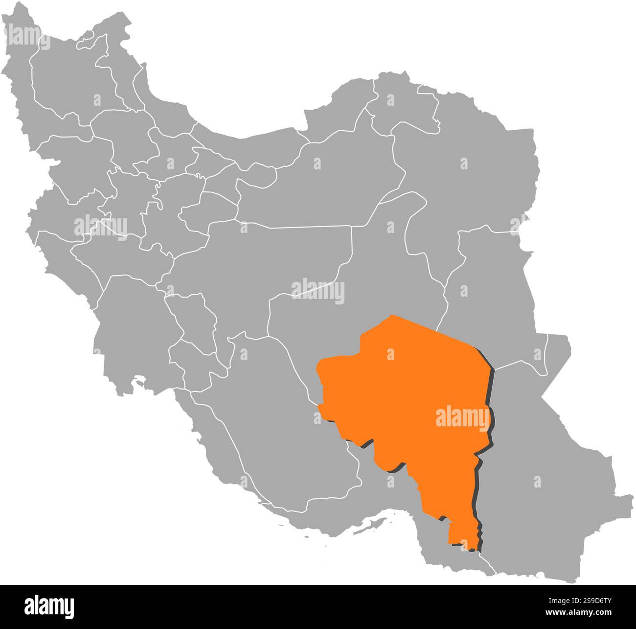 Map of Iran with the provinces, Kerman is highlighted by orange Stock ...