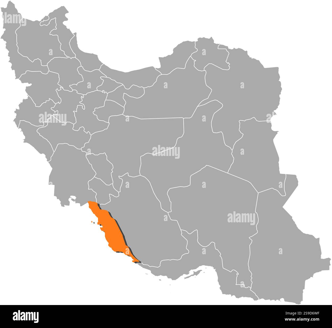 Map of Iran with the provinces, Bushehr is highlighted by orange Stock ...