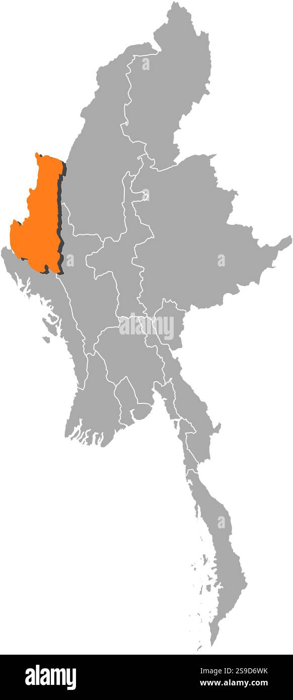 Map of Myanmar with the provinces, Chin is highlighted by orange Stock ...