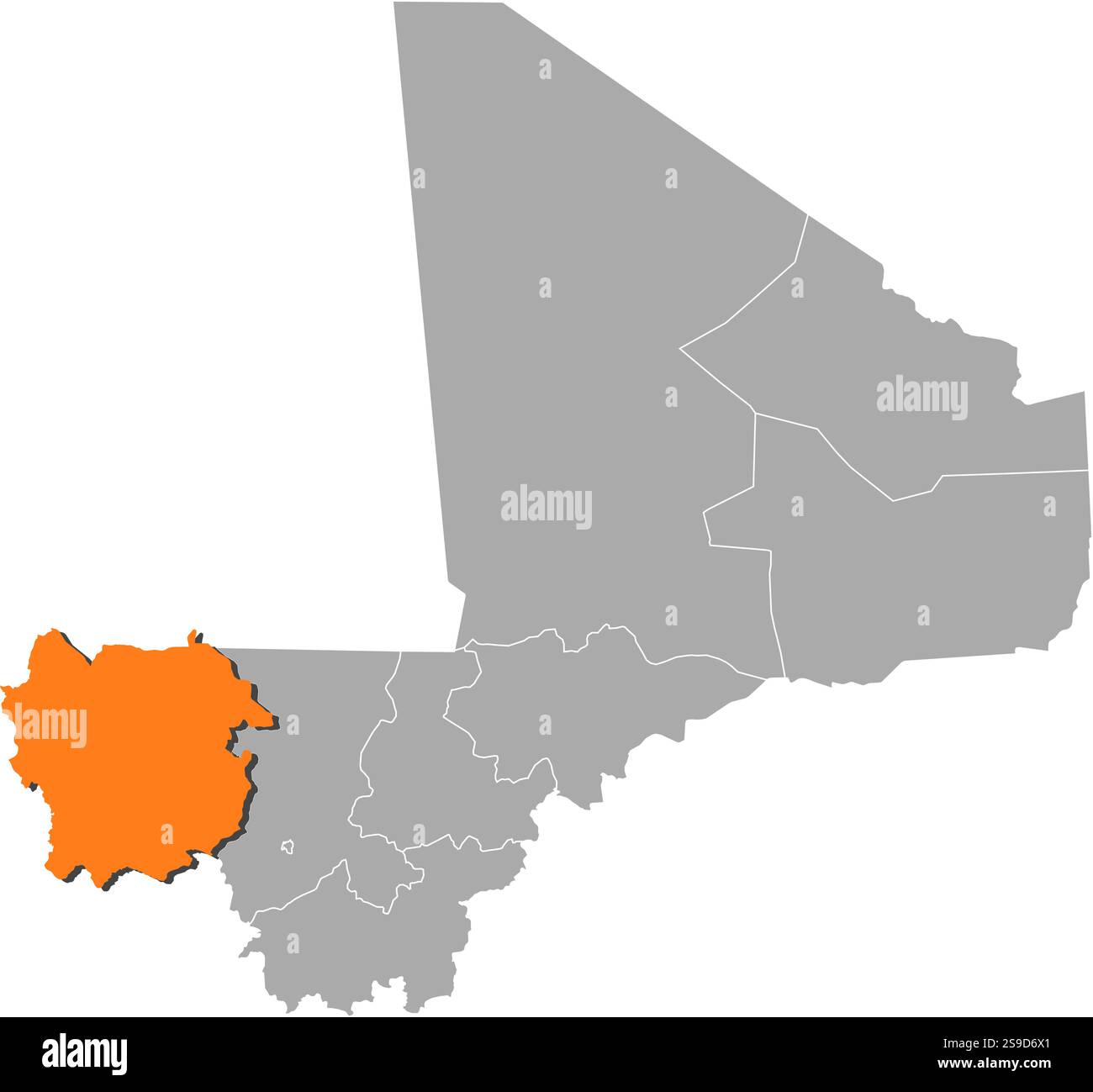 Map of Mali with the provinces, Kayes is highlighted by orange Stock ...