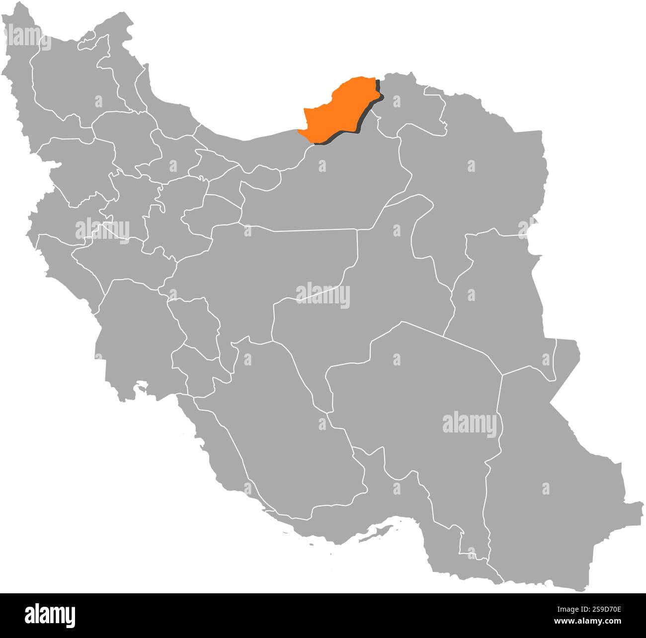 Map of Iran with the provinces, Golestan is highlighted by orange Stock ...