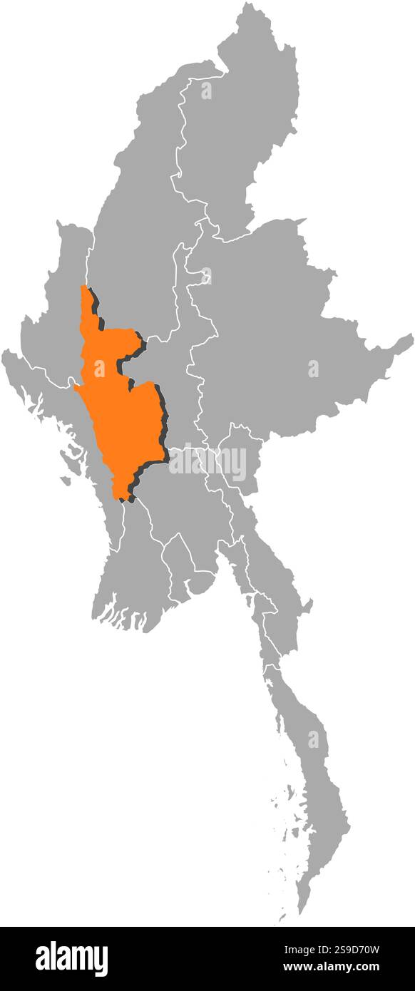 Map of Myanmar with the provinces, Magway is highlighted by orange ...