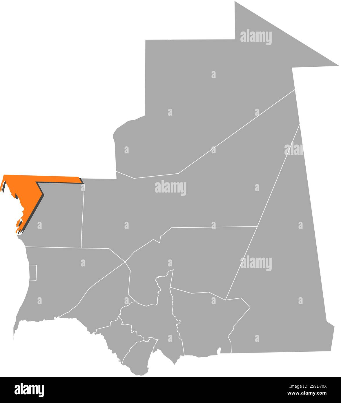 Map of Mauritania with the provinces, Dakhlet Nouadhibou is highlighted ...