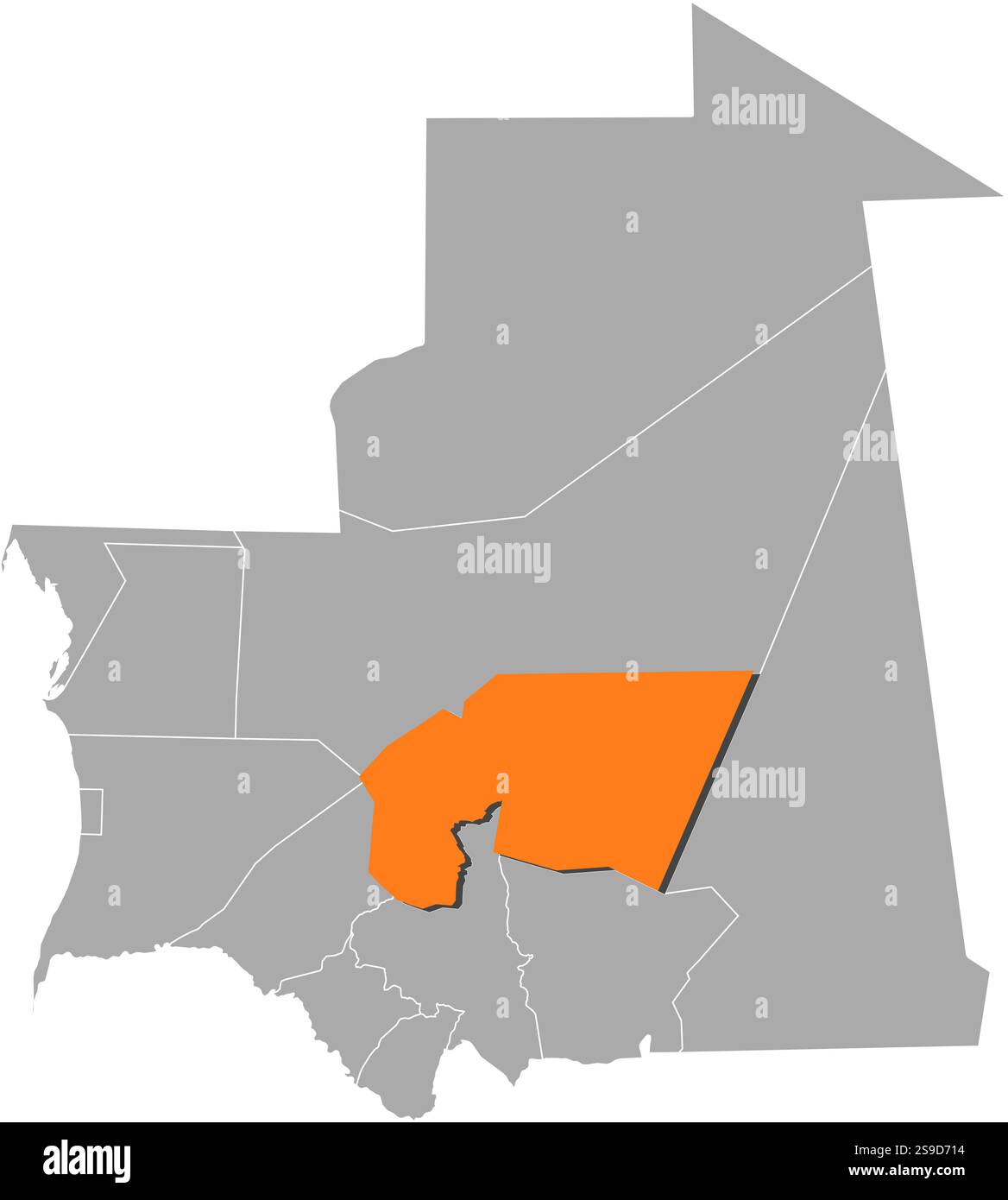 Map of Mauritania with the provinces, Tagant is highlighted by orange ...