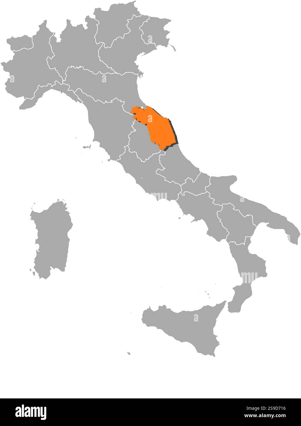 Map of Italy with the provinces, Marche is highlighted by orange Stock ...