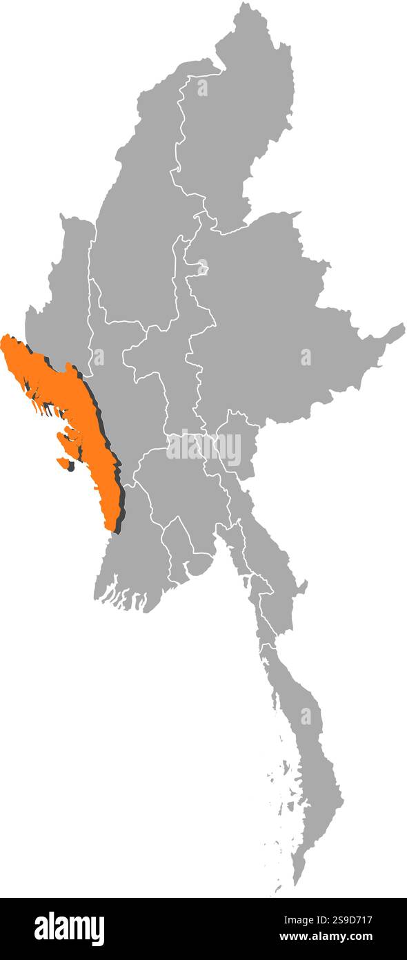 Map of Myanmar with the provinces, Rakhine is highlighted by orange ...