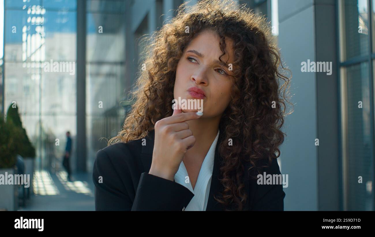 Pensive Caucasian girl young 20s business woman thinking problem ...