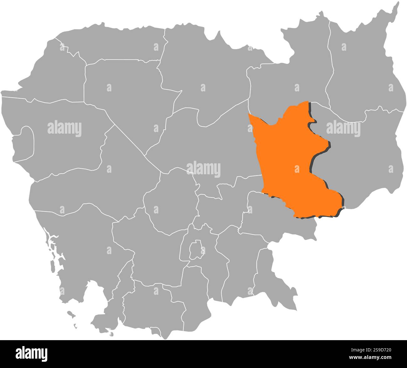 Map of Cambodia with the provinces, Kratie is highlighted by orange ...