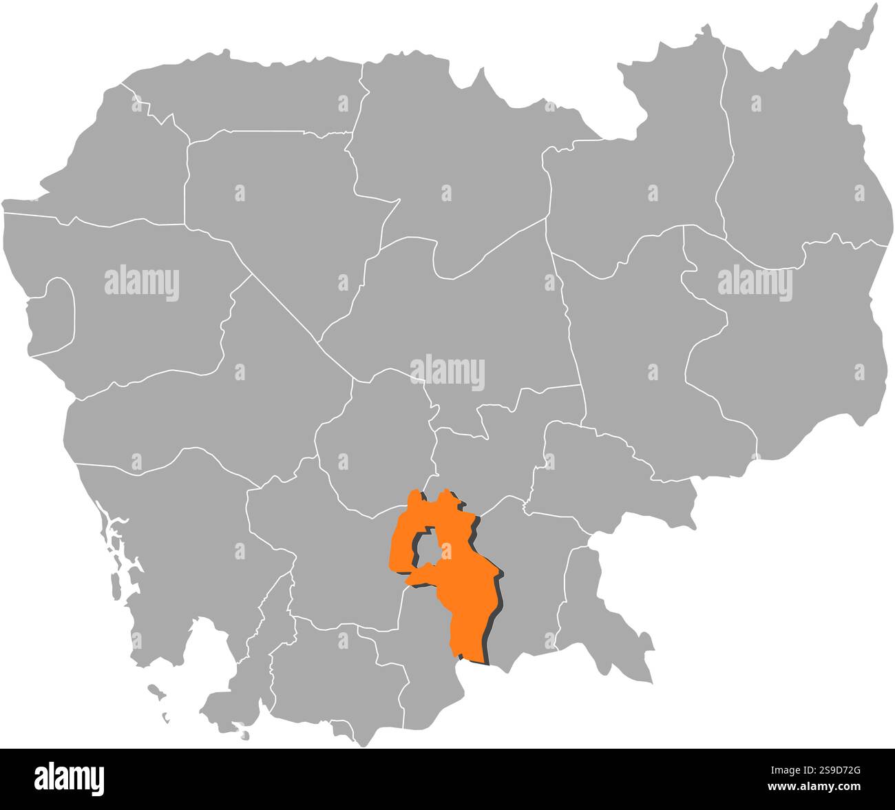 Map of Cambodia with the provinces, Kandal is highlighted by orange ...