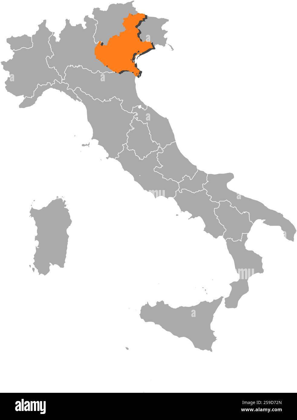 Map of Italy with the provinces, Veneto is highlighted by orange Stock ...