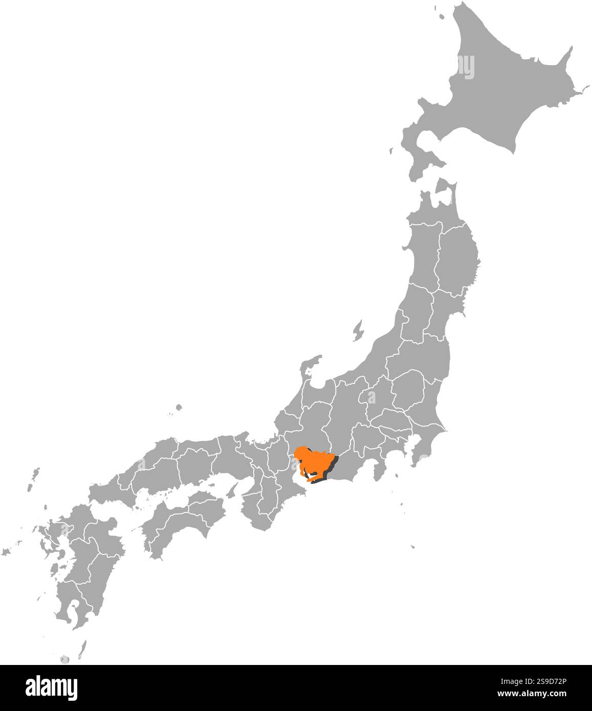 Map of Japan with the provinces, Aichi is highlighted by orange Stock ...
