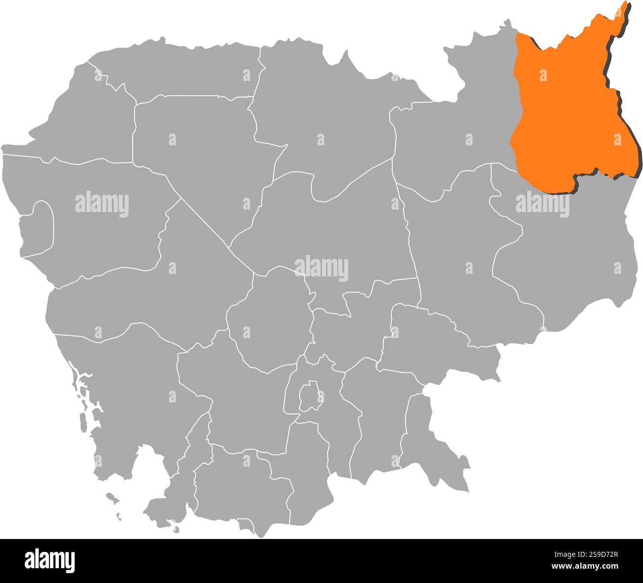Map of Cambodia with the provinces, Ratanakiri is highlighted by orange ...