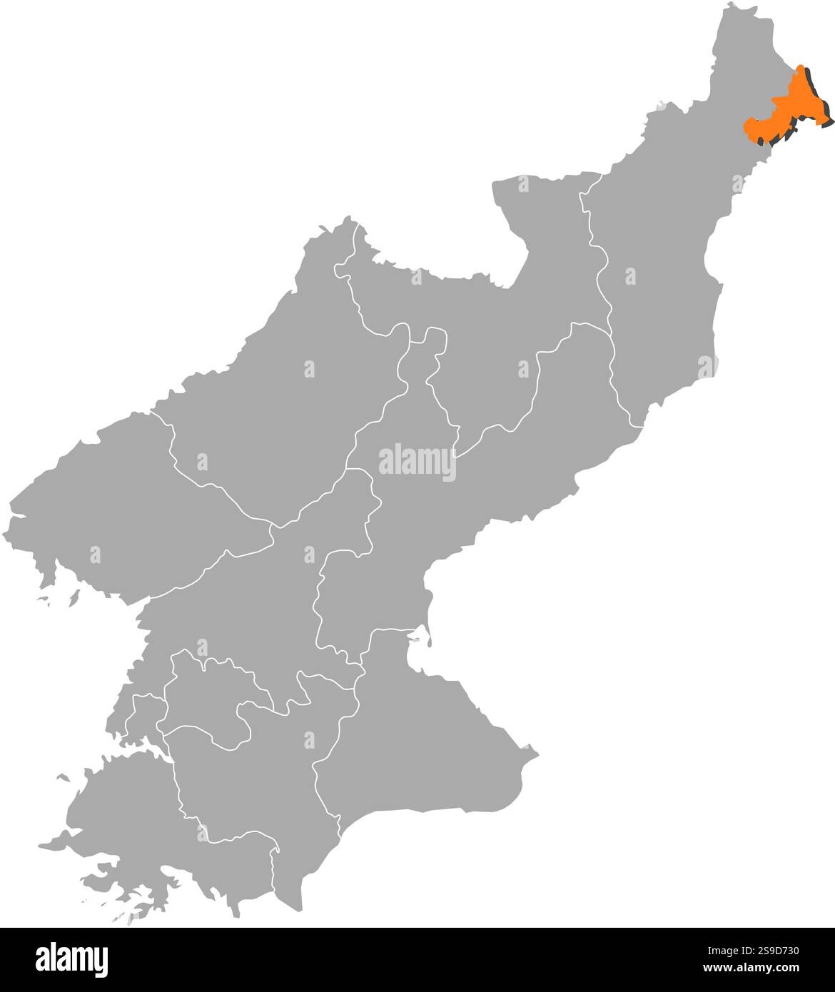 Map of North Korea with the provinces, Rason is highlighted by orange ...
