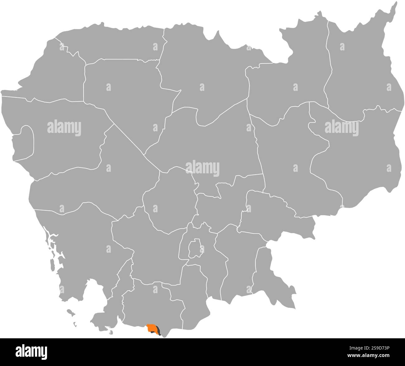 Map of Cambodia with the provinces, Kep is highlighted by orange Stock ...