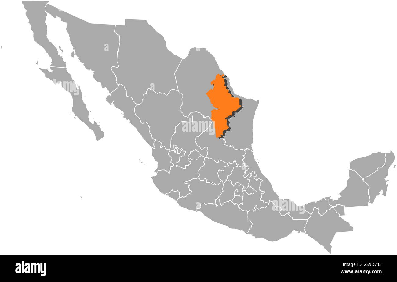 Map of Mexico with the provinces, Nuevo Leon is highlighted by orange ...